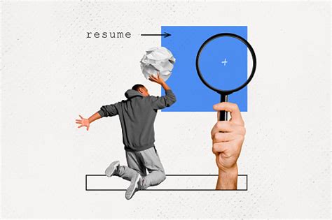 직업 일을 찾는 젊은 남자의 수평 재미있는 사진 콜라주는 흰색 배경에 그의 이력서 이력서 공석 검색을 던지기 위해 높이 점프 추상적인에 대한 스톡 사진 및 기타 이미지