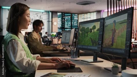 Female Asian Game Designer Using Desktop Computer Designing Unique World And Characters In 3d
