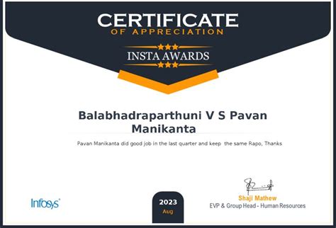 Balabhadraparthuni V S Pavan Manikanta On Linkedin Appreciationpost Infosys Infoscion