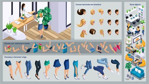 Isometric Girl Characters Constructor For Design Use Separate Body Parts To Create An Animated