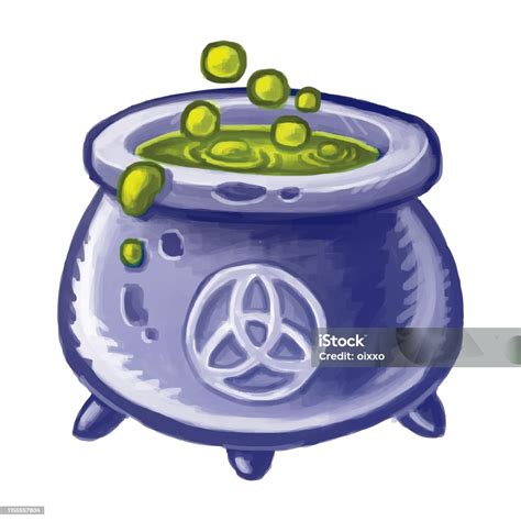 끓는 녹색 액체의 마술 가마솥 위 카 마녀 물 약 할로윈을 위한 마법의 양조 물 약 가마솥에 대한 스톡 벡터 아트 및 기타