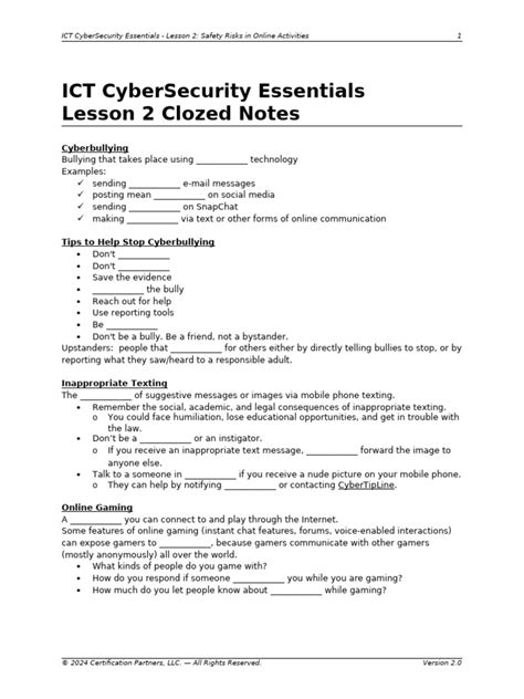 Ict Cyber Security Cloze Notes Lesson 2 Handout Pdf
