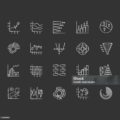 차트 및 그래프 분필 아이콘 세트입니다 파이 벤 다이어그램 수평 수직 히스토그램 지역 차트 파레토 곡선 온도 지도 폴라 워치