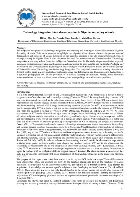 Pdf Technology Integration Into Values Education In Nigerian Secondary Schools