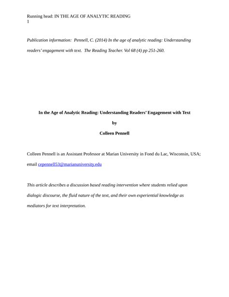 Pdf In The Age Of Analytic Reading