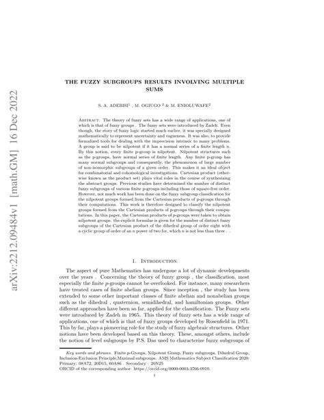 Pdf The Fuzzy Subgroups Results Involving Multiple Sums