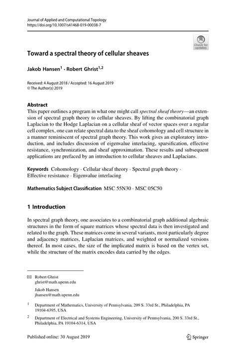 Pdf Toward A Spectral Theory Of Cellular Sheaves