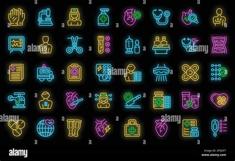 Cardiac Surgeon Icons Set Outline Vector Valve Medication Heart Aortic Neon Color On Black