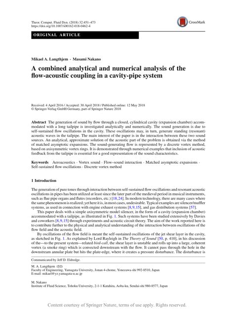 A Combined Analytical And Numerical Analysis Of The Flow Acoustic Coupling In A Cavity Pipe