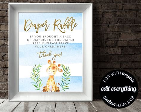 Giraffe Diaper Raffle Instruction Sign Blue And Gold Baby Shower