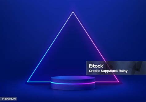 현실적인 진한 파란색 실린더 연단이 있는 3d 미래 배경 삼각형 모양의 벽 장면에 네온 라인 최소한의 모형 제품 디스플레이