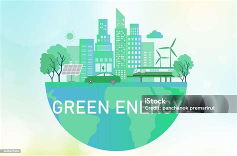 녹색 에너지 개념 Co2 탄소 배출 감소 및 태양 전지판 풍력 터빈 Ev 자동차 지구의 날 벡터 일러스트 레이 션과 생태 환경