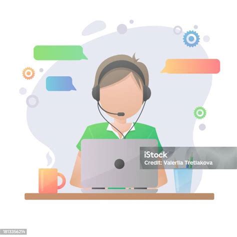 헤드셋을 쓴 소년 마이크가 달린 헤드폰 노트북 노트북 펜 커피 한 잔이 테이블 위에 놓여 있습니다 콜센터 흰색 배경에 고립된 벡터 그림 개념에 대한 스톡 벡터 아트 및 기타