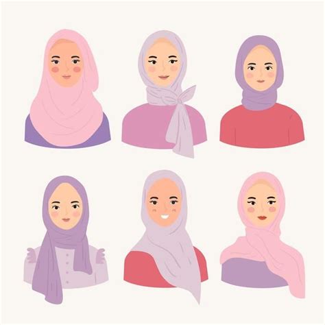 Set Of Woman Wear Hijab Trendy Style Premium Vector Cute Cartoon