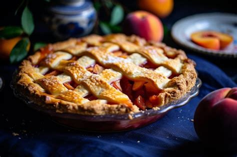 Premium Photo Closeup Of A Lattice Crust Peach Pie With Ripe Fruit