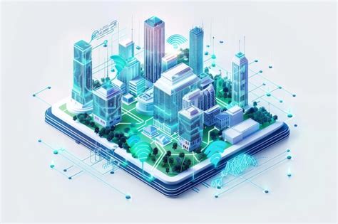 지능형 건물 네트워킹과 녹색 도시 풍경 3d 이소메트릭 일러스트레이션 프리미엄 Ai 생성 이미지