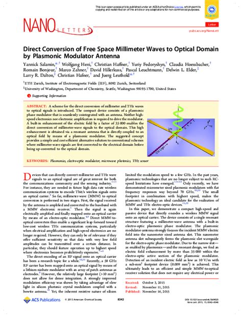 Pdf Direct Conversion Of Free Space Millimeter Waves To Optical Domain By Plasmonic Modulator
