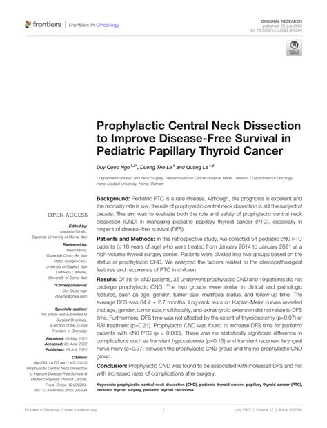 Pdf Prophylactic Central Neck Dissection To Improve Disease Free Survival In Pediatric