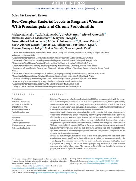 Pdf Red Complex Bacterial Levels In Pregnant Women With Preeclampsia