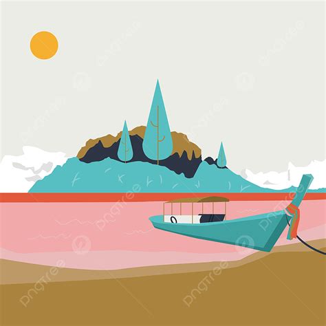 手繪海島風景插畫 手繪船舶 靜靜的海邊 船隻 木船 沙灘風景 停靠 島嶼 樹林 自然美景 商業插畫 H5 大山 沙灘 海水 大樹 太陽 手繪
