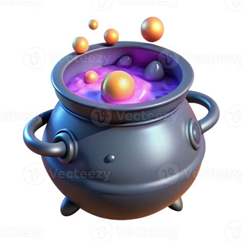 Isometric Rendered Cauldron with Purple Liquid and Floating Spheres ...