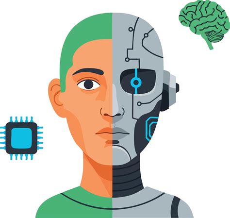Human And Robot Face Split With Microchip And Brain Technology Artificial Intelligence Concept