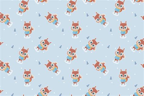 작은 만화 캐릭터의 유치한 매끄러운 패턴 얼음 위에서 스케이트를 타는 다람쥐 밝은 파란색 배경에 스티커와 같은 흰색 윤곽이있는