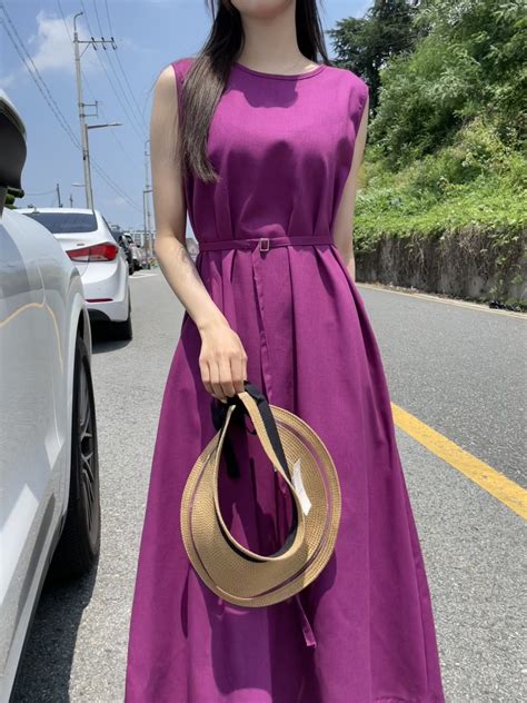 클루이가넷 퍼플 린넨 민소매 라운드넥 벨트세트 루즈핏 여름 롱 원피스 하객 휴양지