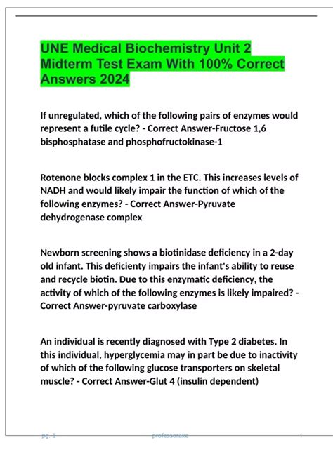 Une Medical Biochemistry Unit 2 Midterm Test Exam With 100 Correct