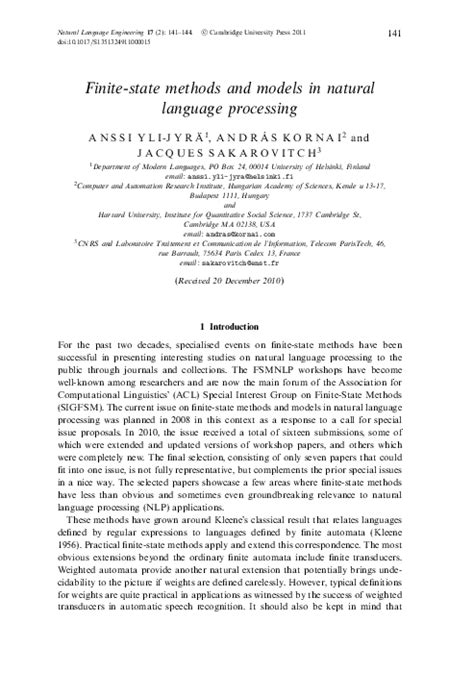 Pdf Finite State Methods And Models In Natural Language Processing
