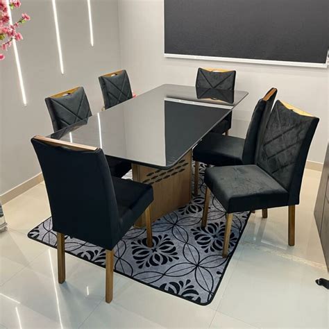 Mesa Thais Cinamono Preto Cadeiras Malu Veludo Preto VALDEMÓVEIS CLEFATOS DECOR