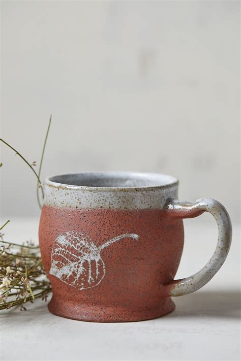 Rustic Terracotta Mugs With Leaf Print XL Pottery Mugs Set Etsy