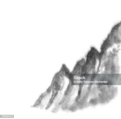 흰색 배경에 산 꼭대기입니다 안개 속에서 산봉우리 잉크로 물의 산의 풍경입니다 동양 중국 수묵화 브러시 페인팅 그림 그리기에