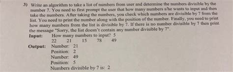 Solved Write An Algorithm To Take A List Of Numbers From Chegg