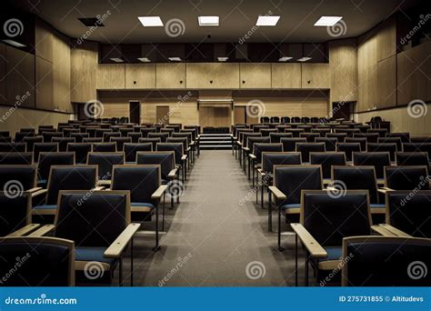 An Empty Lecture Hall With Rows Of Wooden Chairs In The Background