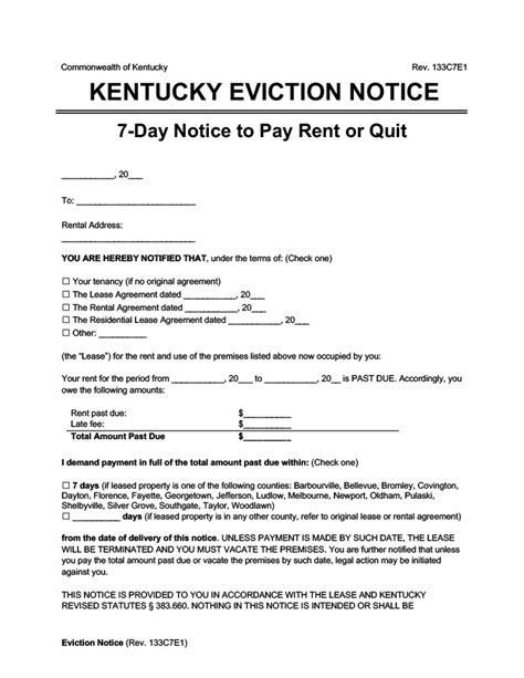 Free Kentucky Eviction Notice Forms 7 15 And 30 Day Eviction Notice