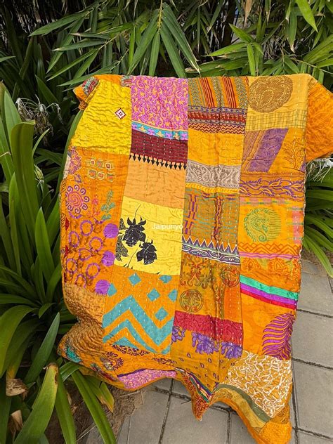 Silk Patch Work Kantha Quilt Blanket Bedspread Patch Kantha Throw