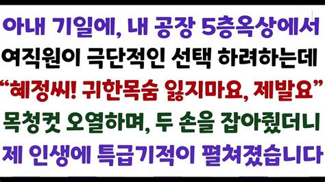반전신청사연아내와 사별후 내공장 옥상에서 여직원이 극단적인 선택하려하는데 혜정씨 귀한목숨 잃지마요제발요 목청껏 오열하며 손을 잡아줬더니 신청사연 사이다썰 사연