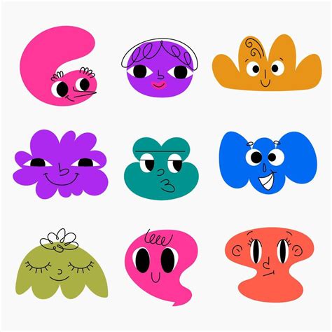 Colorful Doodle Abstract Shapes Of Blobs With Faces Hand Drawn Organic Multicolored Funny