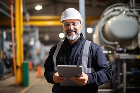Premium Photo Smiling Technician Holding Tablet Pc In Industry