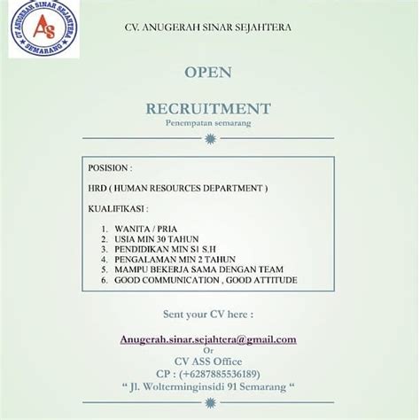 Lowongan Kerja HRD Di CV Anugerah Sinar Sejahtera April 2019 Semarang