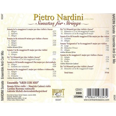Sonatas For Strings Ensemble Ardi Cor Mio De Nardini Pietro 1722 1793 Cd Chez Melomaan