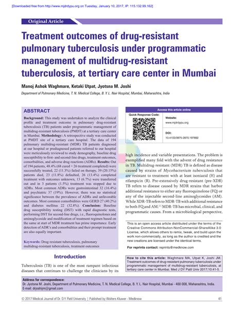 Pdf Treatment Outcomes Of Drug Resistant Pulmonary Tuberculosis Under