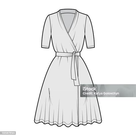 깊은 V넥 반소매 오버사이즈 무릎 길이 원형 컷 넥타이를 가진 랩 드레스 테크니컬 패션 일러스트 0명에 대한 스톡 벡터 아트 및 기타 이미지 Istock