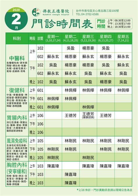 門診時刻表正德醫院
