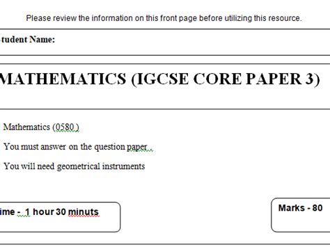 Igcse Mathematics Core Paper 3 Practice Test Teaching Resources