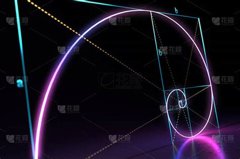 斐波那契金比螺旋黑色背景。3d 渲染插图