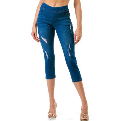 Womens Pull On Ripped Capri Jeans With Side Slit Stretch Denim Capris