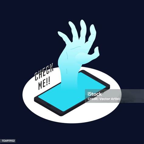 스마트 휴대 전화 손으로 화면 밖으로 배치 하 고 텍스트를 확인 전화 셀 중독 그림 개념입니다 아이소메트릭 벡터 디자인입니다 0