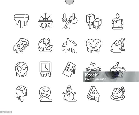 녹는 아이스크림이 녹고 있습니다 지구 온난화 아이스 큐브 빙산 케이크 치즈 녹기 픽셀 퍼펙트 벡터 가는 선 아이콘 간단한 최소